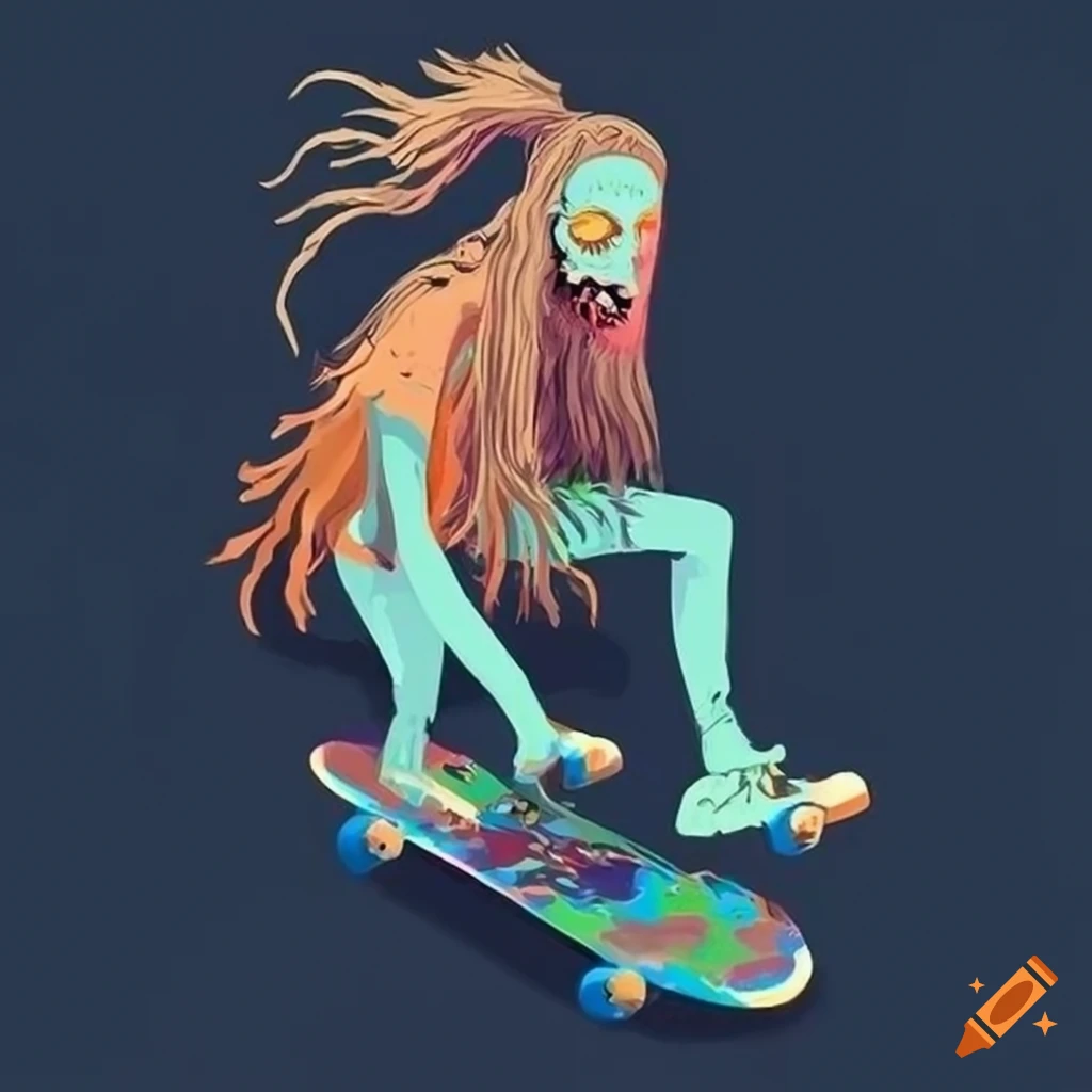 Syrup monster with long hair skateboarding in a minimalist style on Craiyon