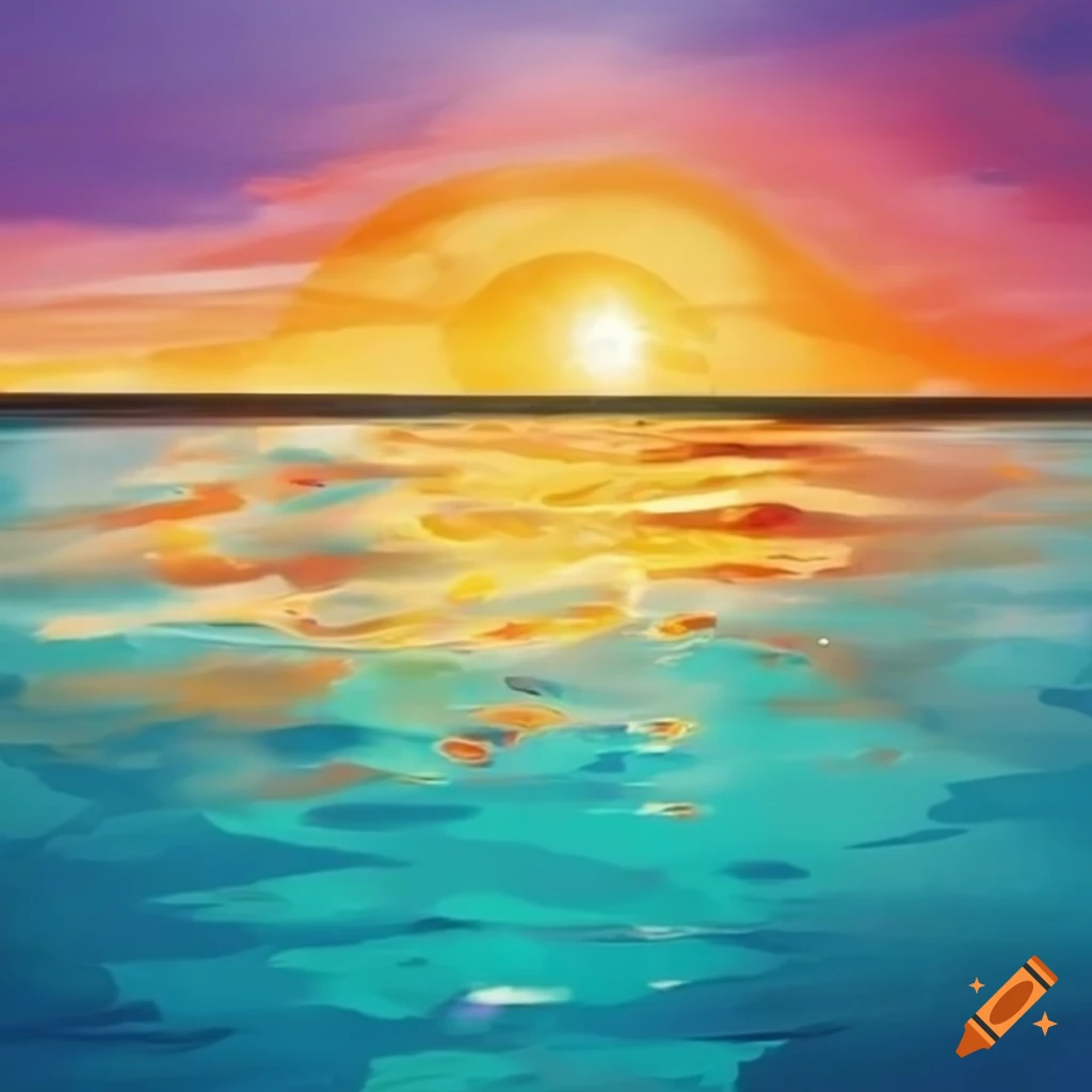 Sunrise over the water in an artistic depiction on Craiyon