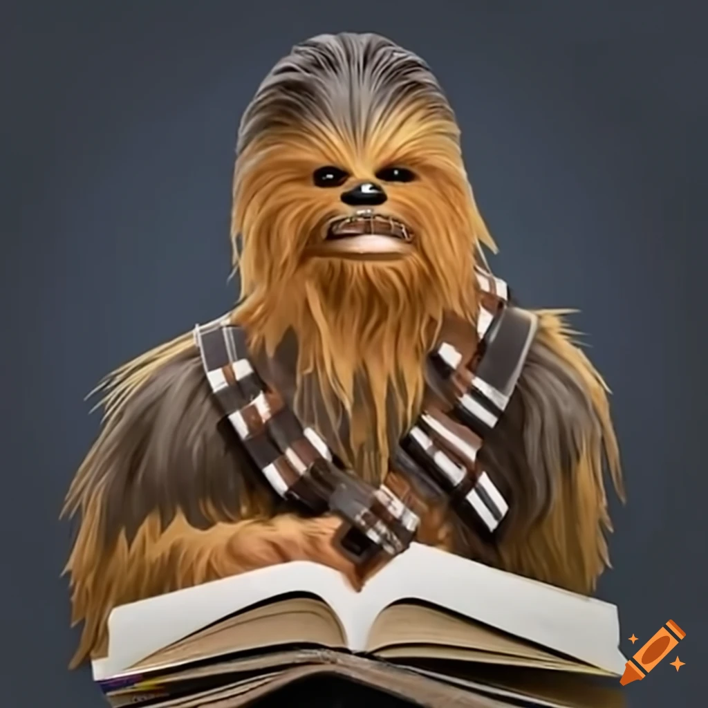 Chewbacca reading surrounded by stacks of books on Craiyon