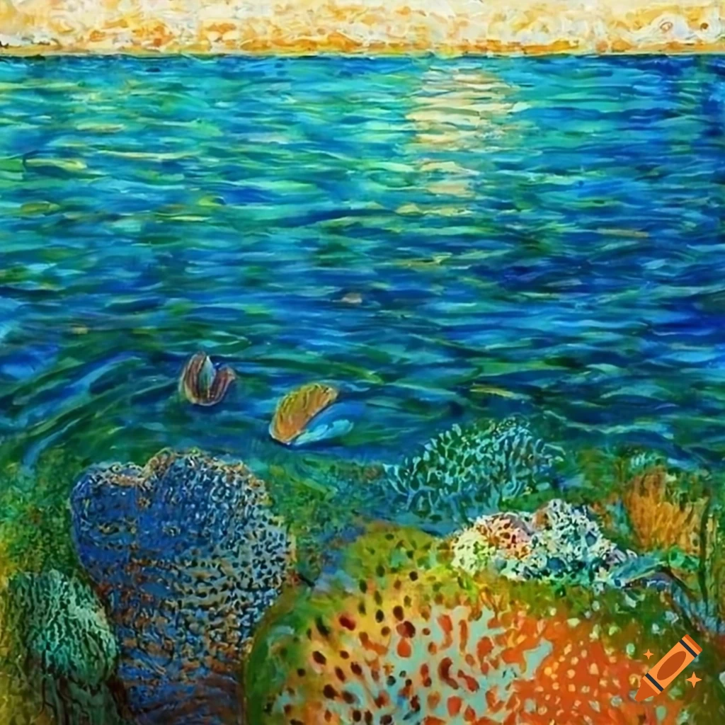 Tropical coral reef during low tide viewed from above the water ...