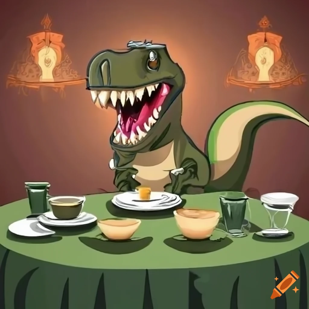 Cartoon t-rex having high tea at a fancy round table in victorian style ...