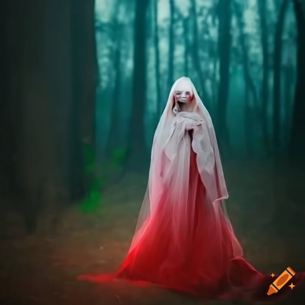 Ethereal female apparition in white and red garments with veil and mask ...