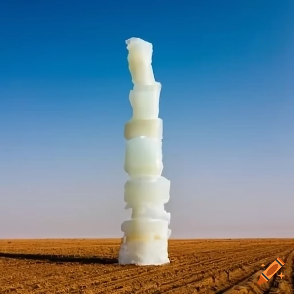 Tall tower of ice blocks in an arid farmer field on Craiyon