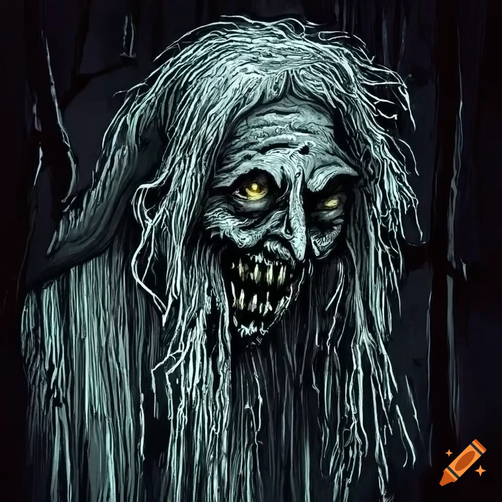 Horrifying hag in a dark forest at night with detailed illustration ...
