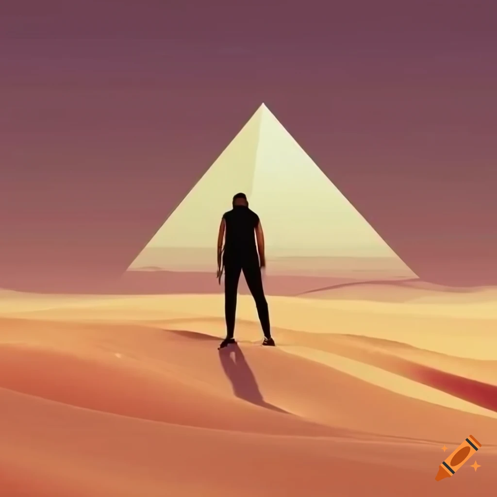 Person standing in desert with a pyramid in the background on Craiyon
