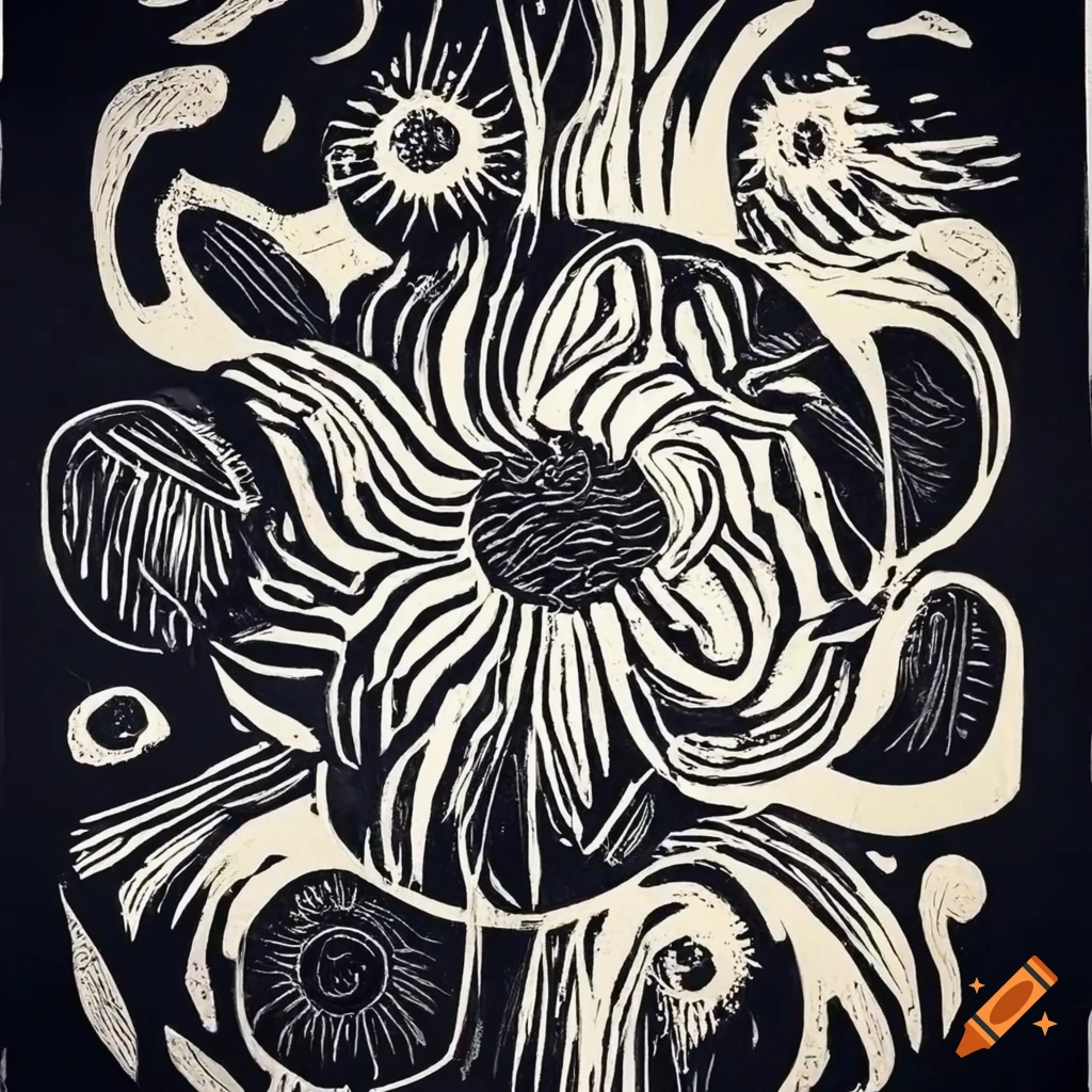 Abstract linocut print with spring and astral elements in black and ...