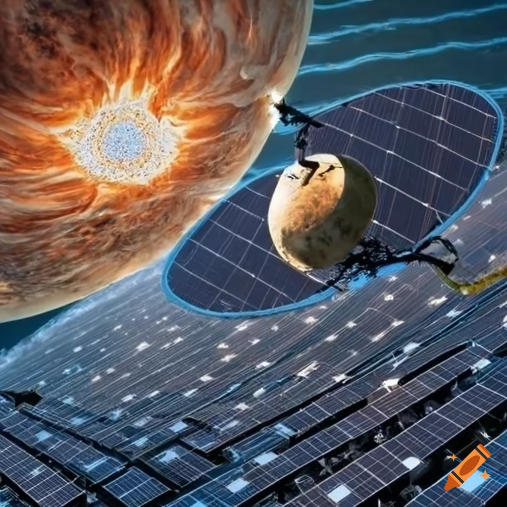 Solar paneled satellite array orbiting a detailed sun in space on Craiyon