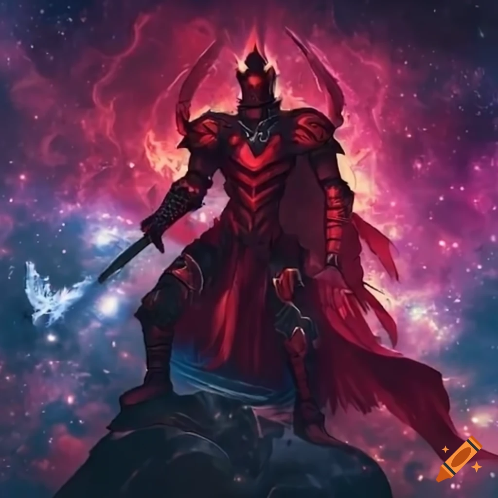 Crimson knight flying through space battling gods on Craiyon