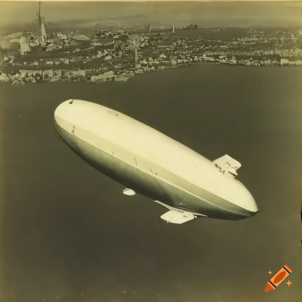 1910s aerial photograph of a European port city with a zeppelin in the air on Craiyon