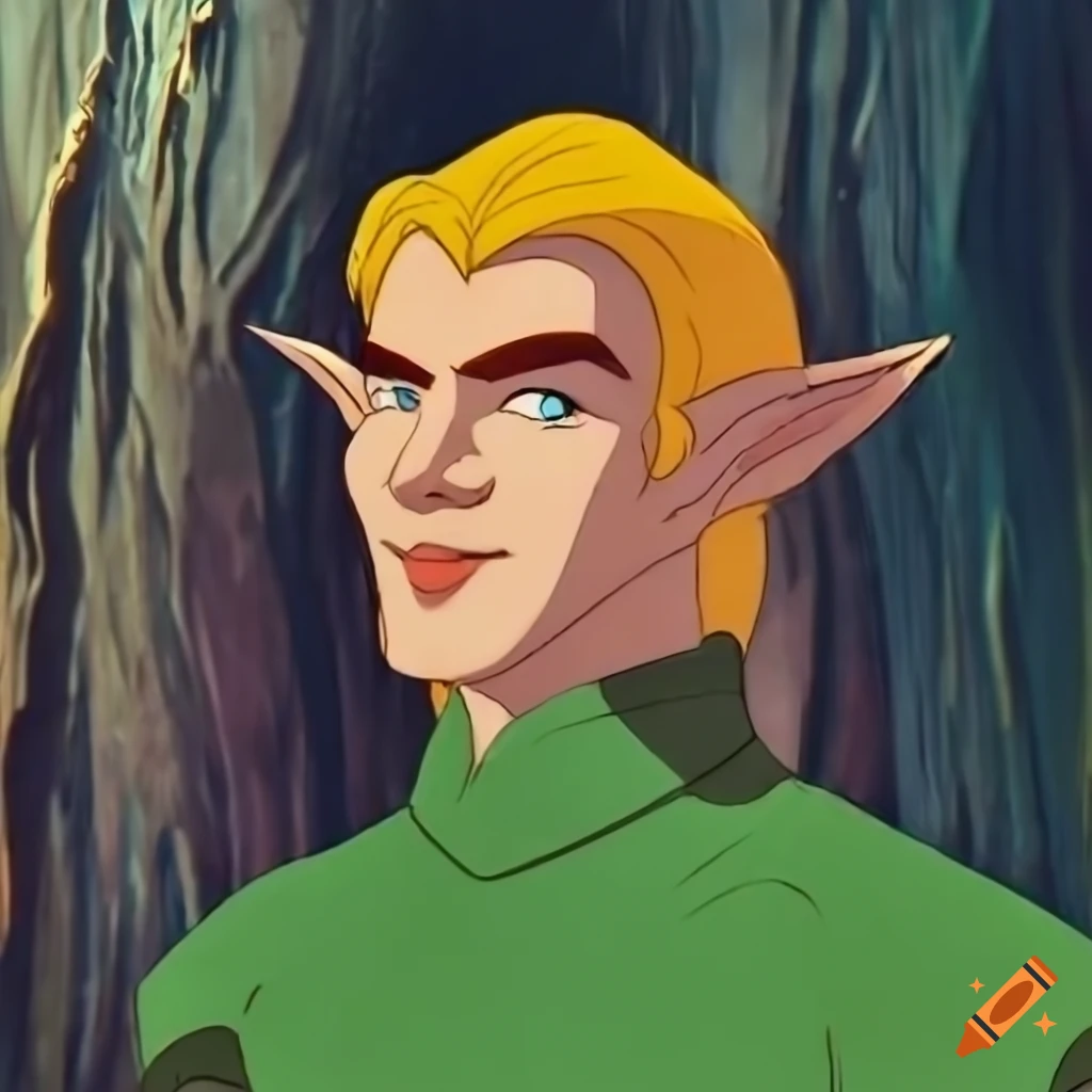 Male elf rogue character in green attire from Disney cel animation on ...