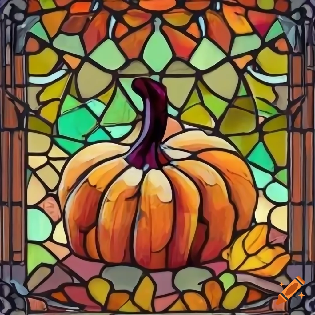 Autumn stained glass with pumpkins and leaves on Craiyon