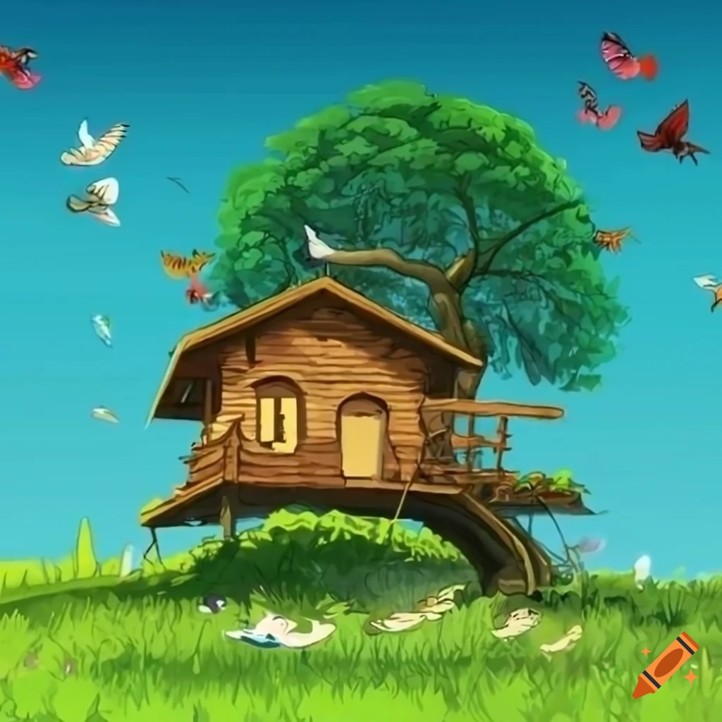 Anime style tree house on a big tree in a grassland with birds and ...