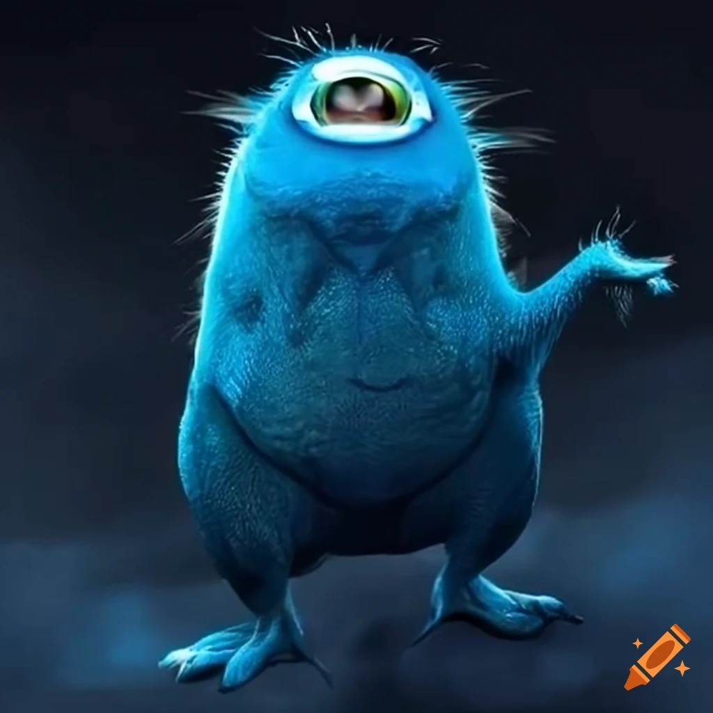 Blue one-eyed monster in a factory on Craiyon