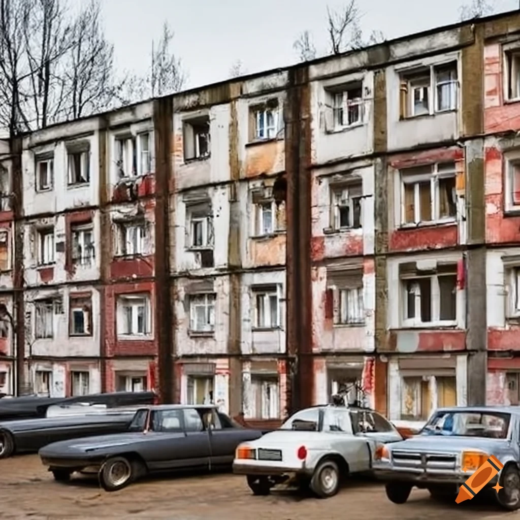 Soviet-style housing complex with lada cars on Craiyon