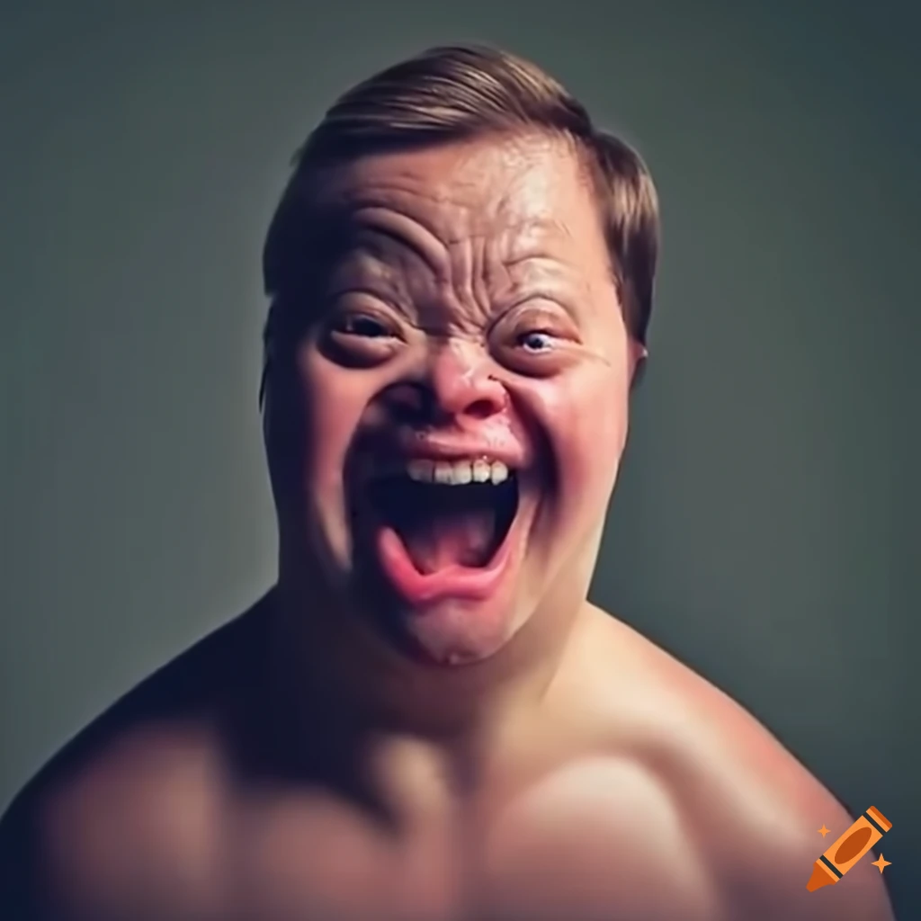 Man with down syndrome laughing in a fit of rage on Craiyon