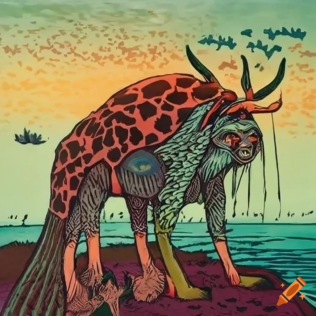 Intricate woodcut of Baba Yaga's mythical hut on giraffe leg pillars on ...