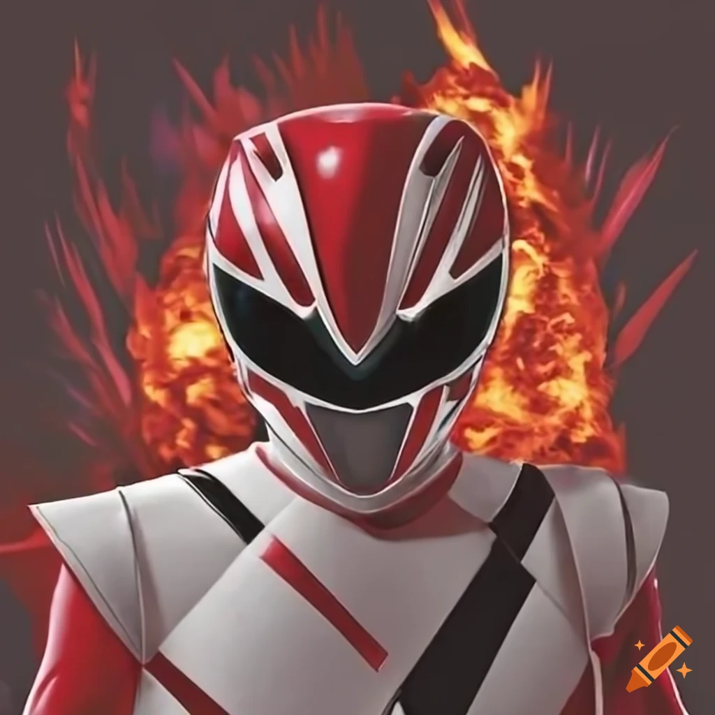 Red power ranger with explosion in the background on Craiyon