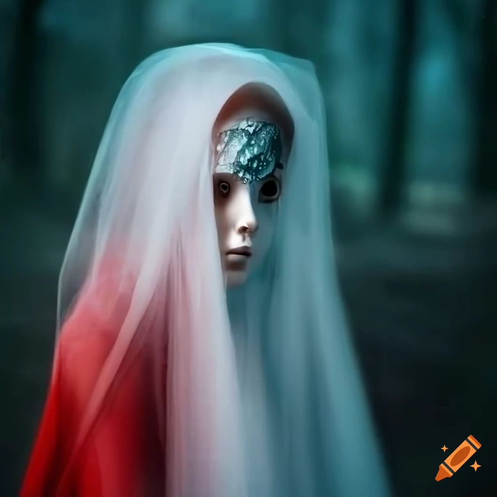 Ethereal female apparition in white and red garments with veil and mask ...