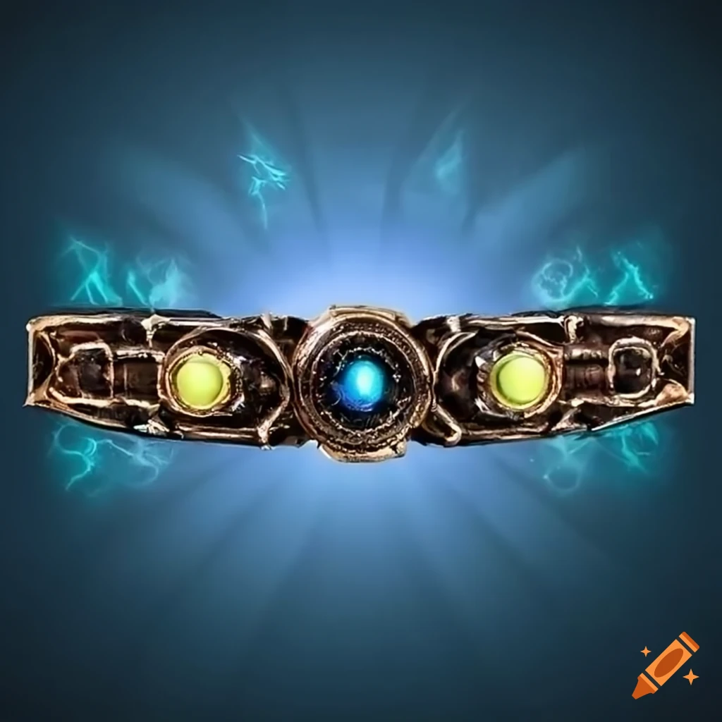 Adorned magic shiny war belt from the front view on Craiyon