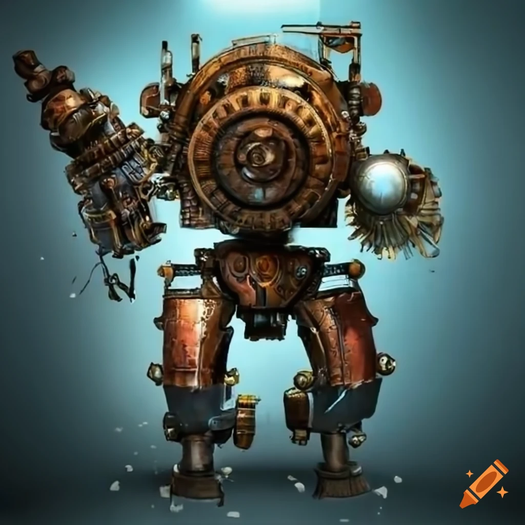 Steampunk war robot with a magic energy cannon and smooth armor on Craiyon