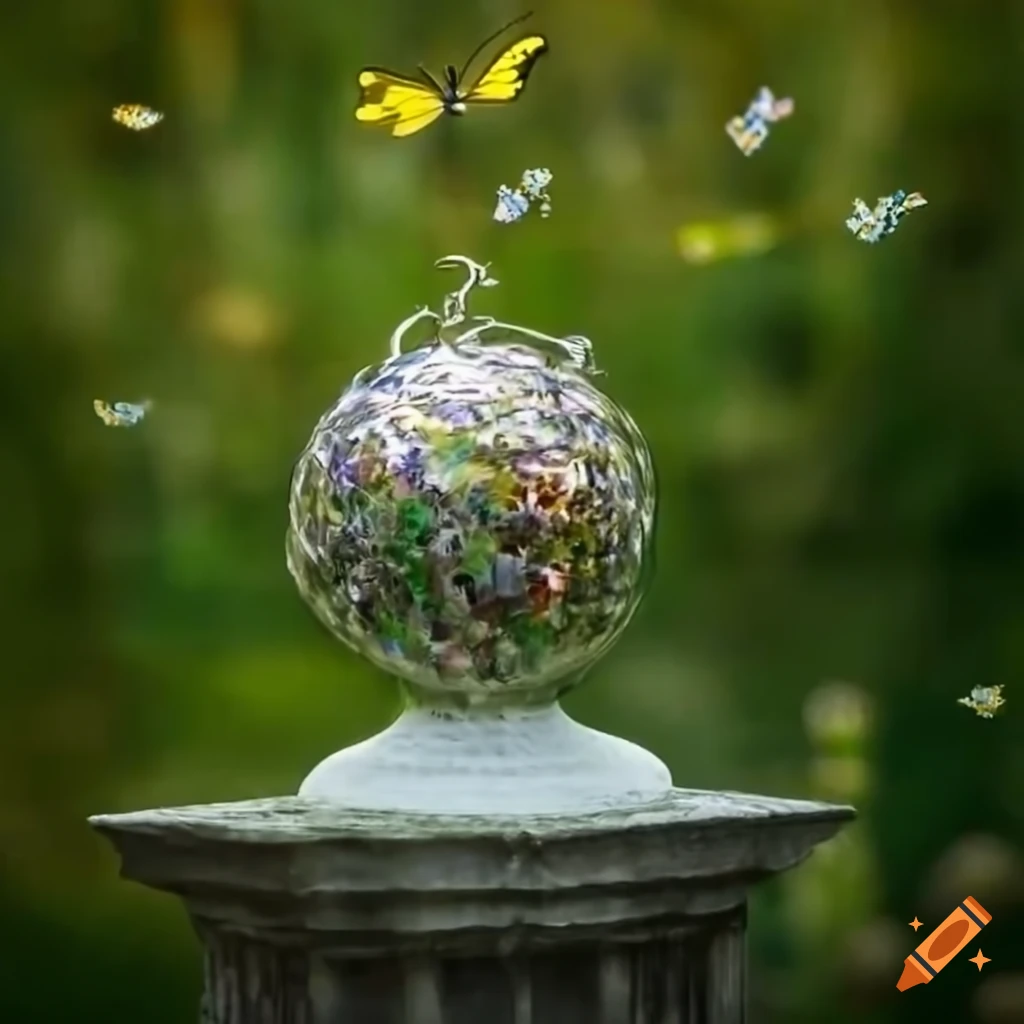 Ornate botanical orb surrounded by wildflowers and camera lenses with ...