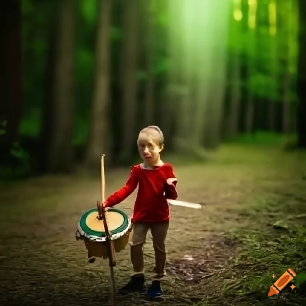 Percussionist telling stories to captivated children in a forest on Craiyon