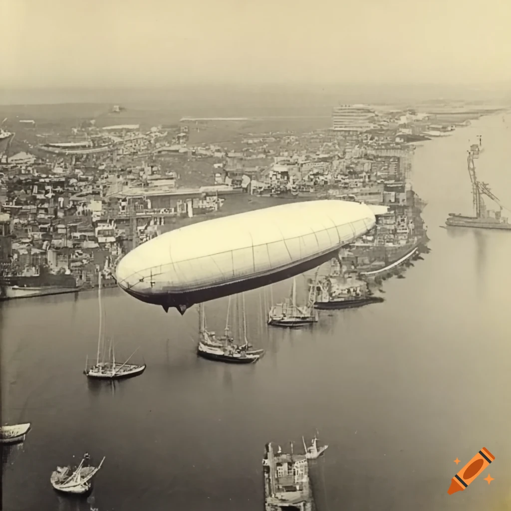 1910s era aerial photograph of a port city with a zeppelin in the air ...