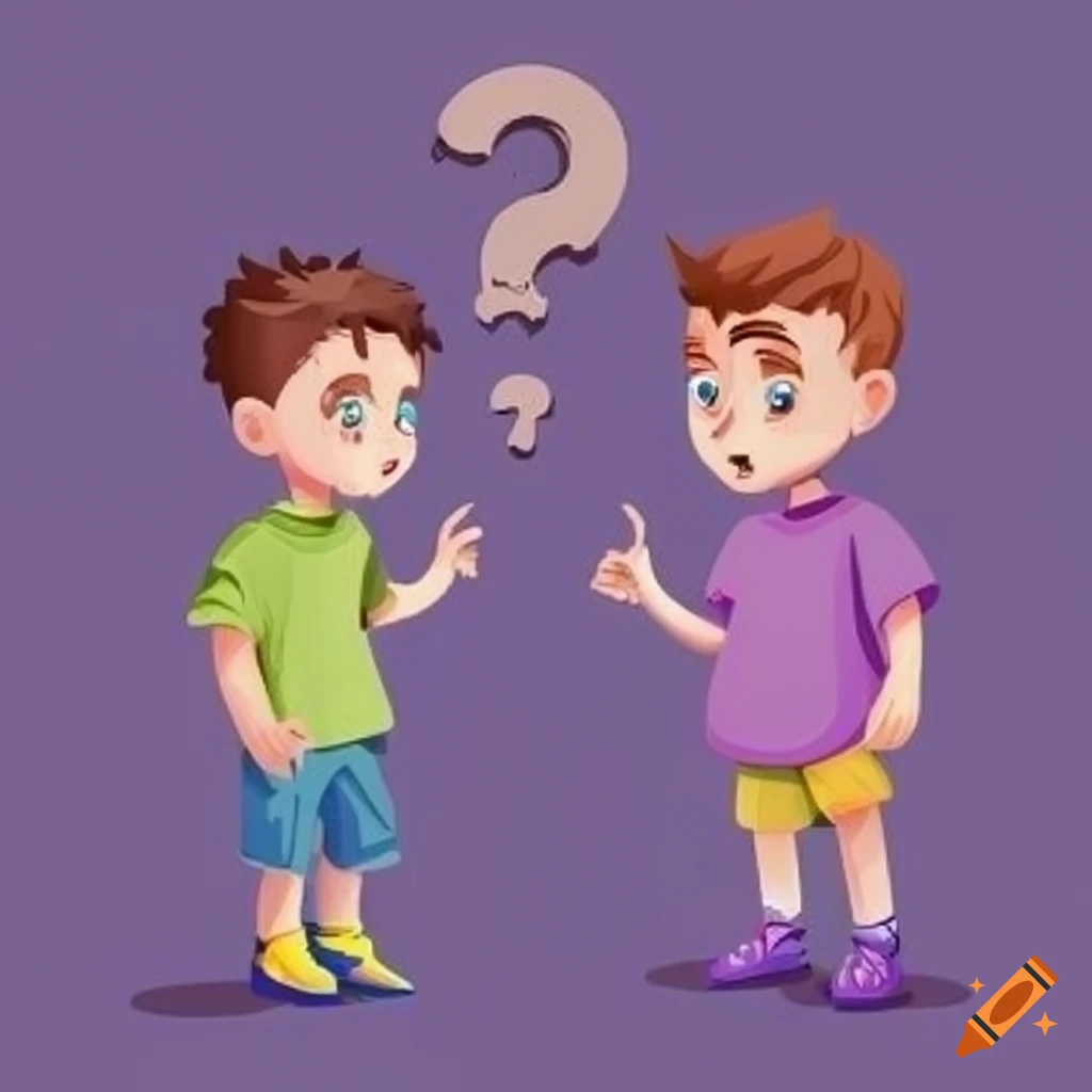 Two confused boys with question marks talking in simple vector style on ...