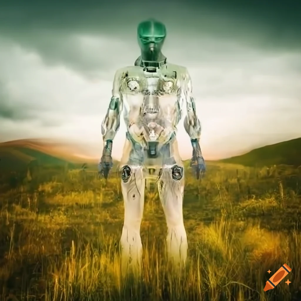 Intricate male cyborg in vibrant surreal meadow blending high-tech and ...