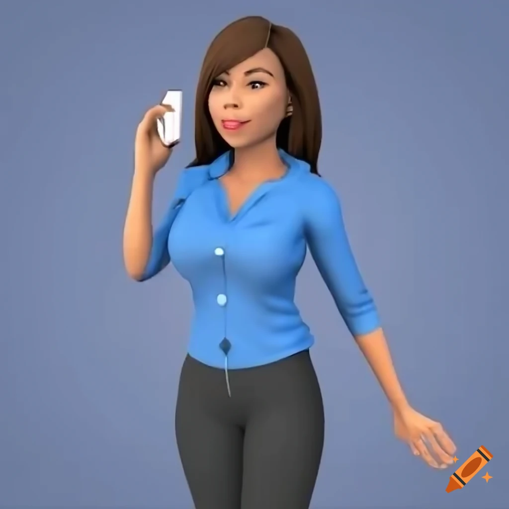 Latino office woman speaking on mobile phone with blue shirt and brown ...