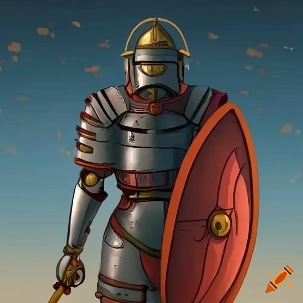 Futuristic roman legionary robot with elven sword and shield in ...