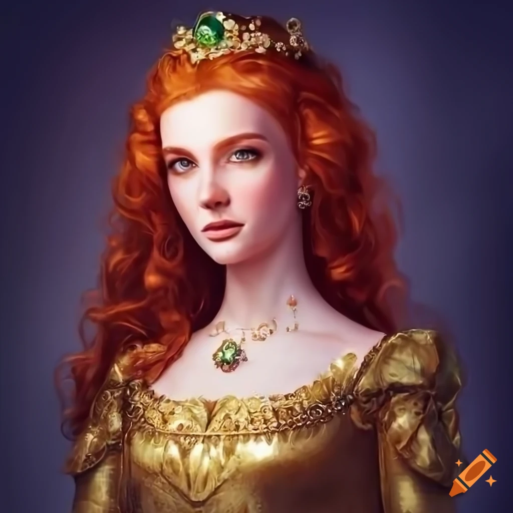 Portrait of a red-haired medieval princess in a golden gown and jewels ...