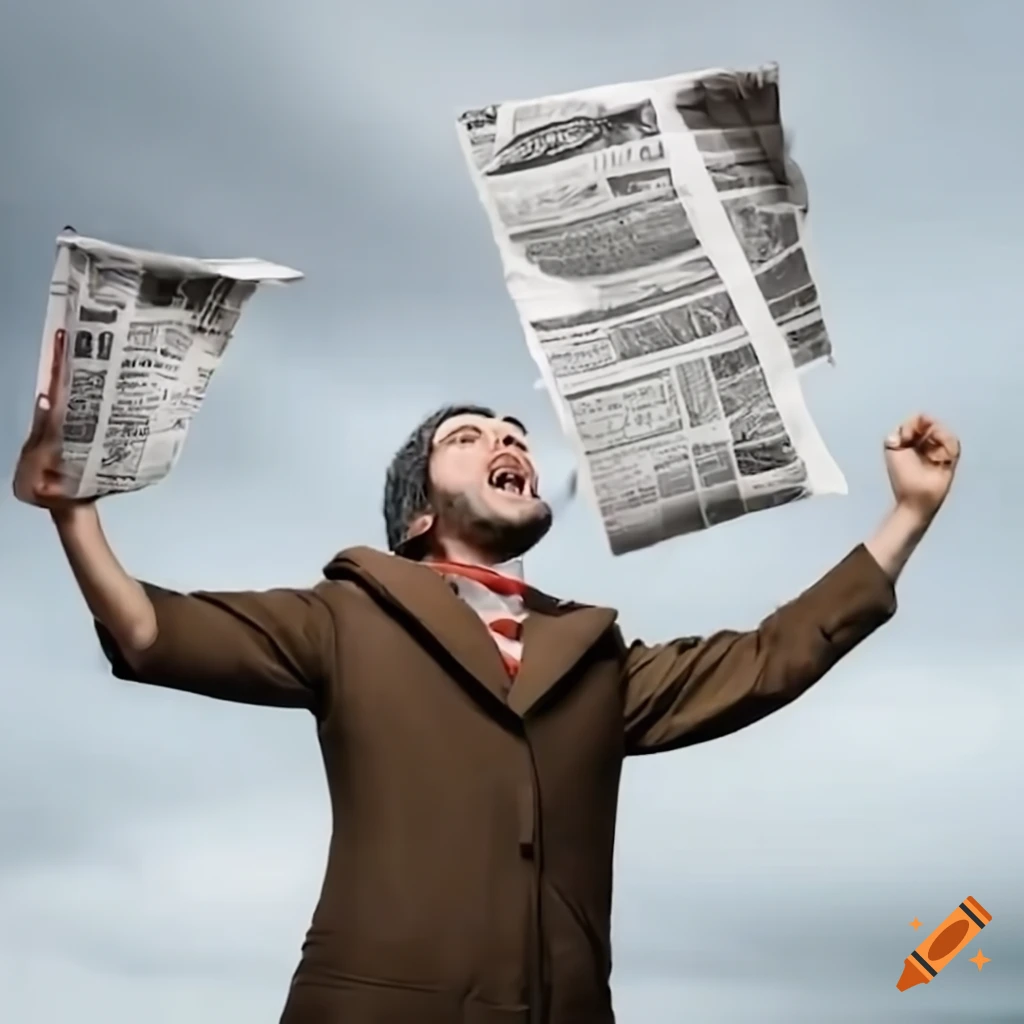 Man joyfully tossing a newspaper in the air on Craiyon