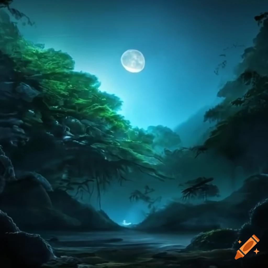 Shiny moon in the nighttime rainforest on Craiyon