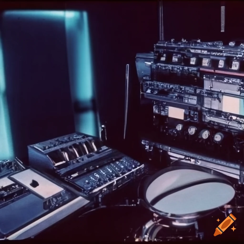 Androids playing futuristic drumpad instruments in a retro-futuristic ...