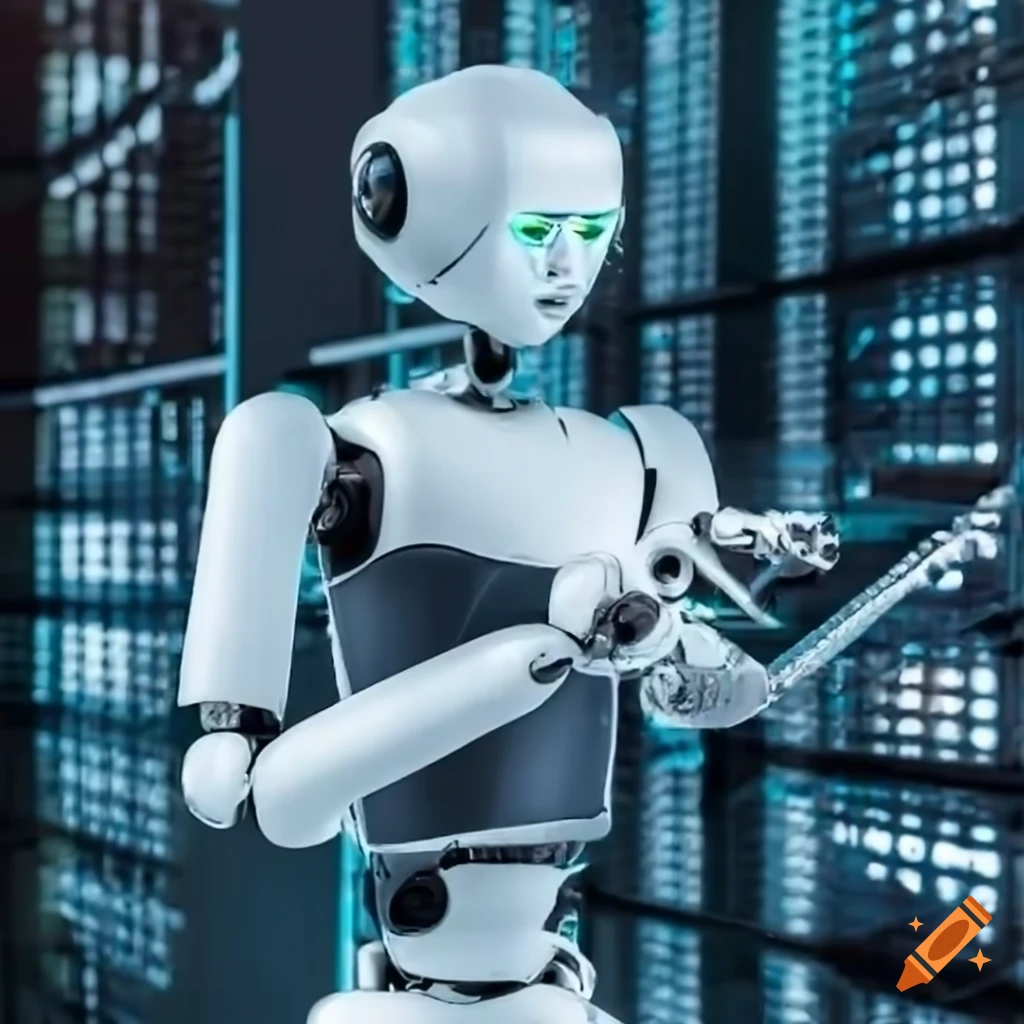 High-tech robot calculating in a sleek data center with motion blur on ...