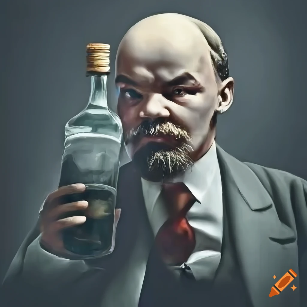 Portrait of vladimir lenin with a bottle of vodka, in a weary ...