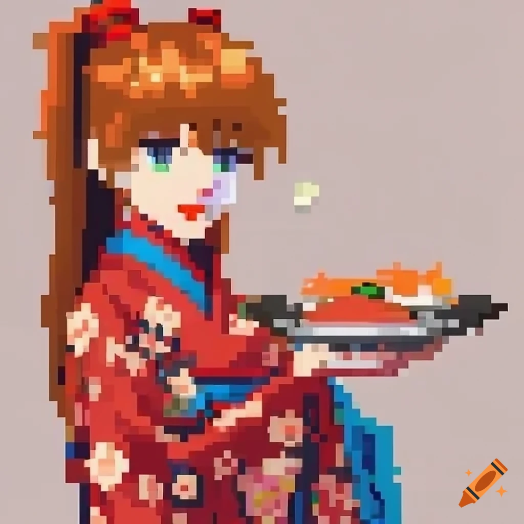 Pixel art of Asuka Langley in Japanese outfit with sushi dish on Craiyon