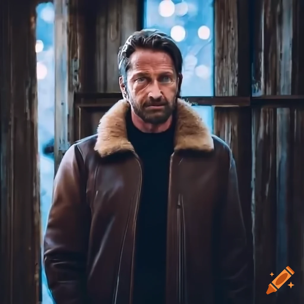 Actor resembling gerard butler in sheepskin bomber jacket and leather ...