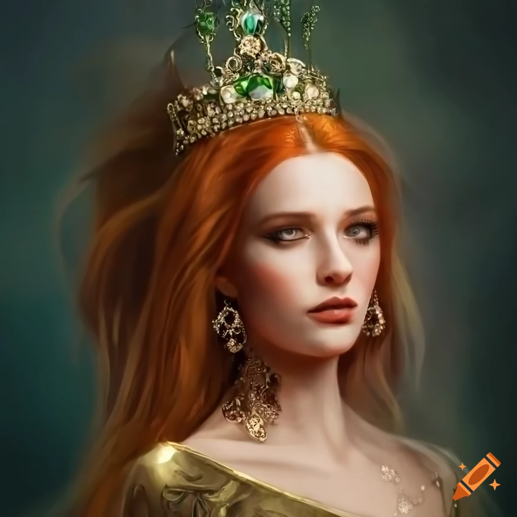 Red-haired medieval princess in golden gown and jewels with striking ...