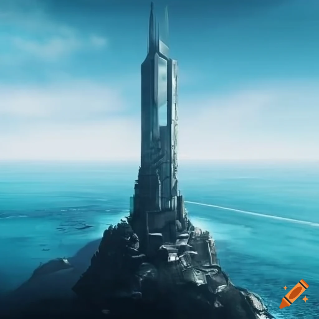 Cybernetic sword tower in futuristic coastal ruins on Craiyon