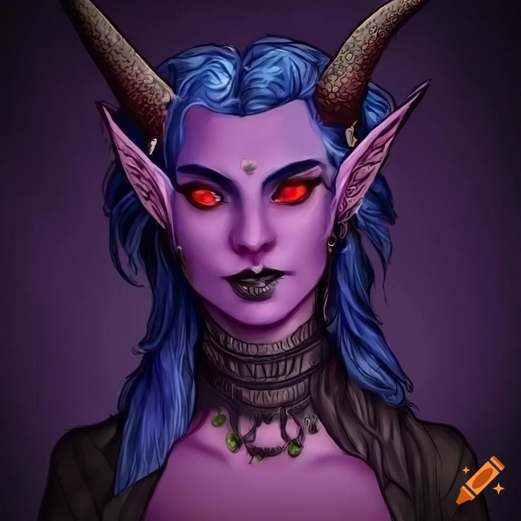 Exotic tiefling warlock character with red eyes, blue scales, and black ...