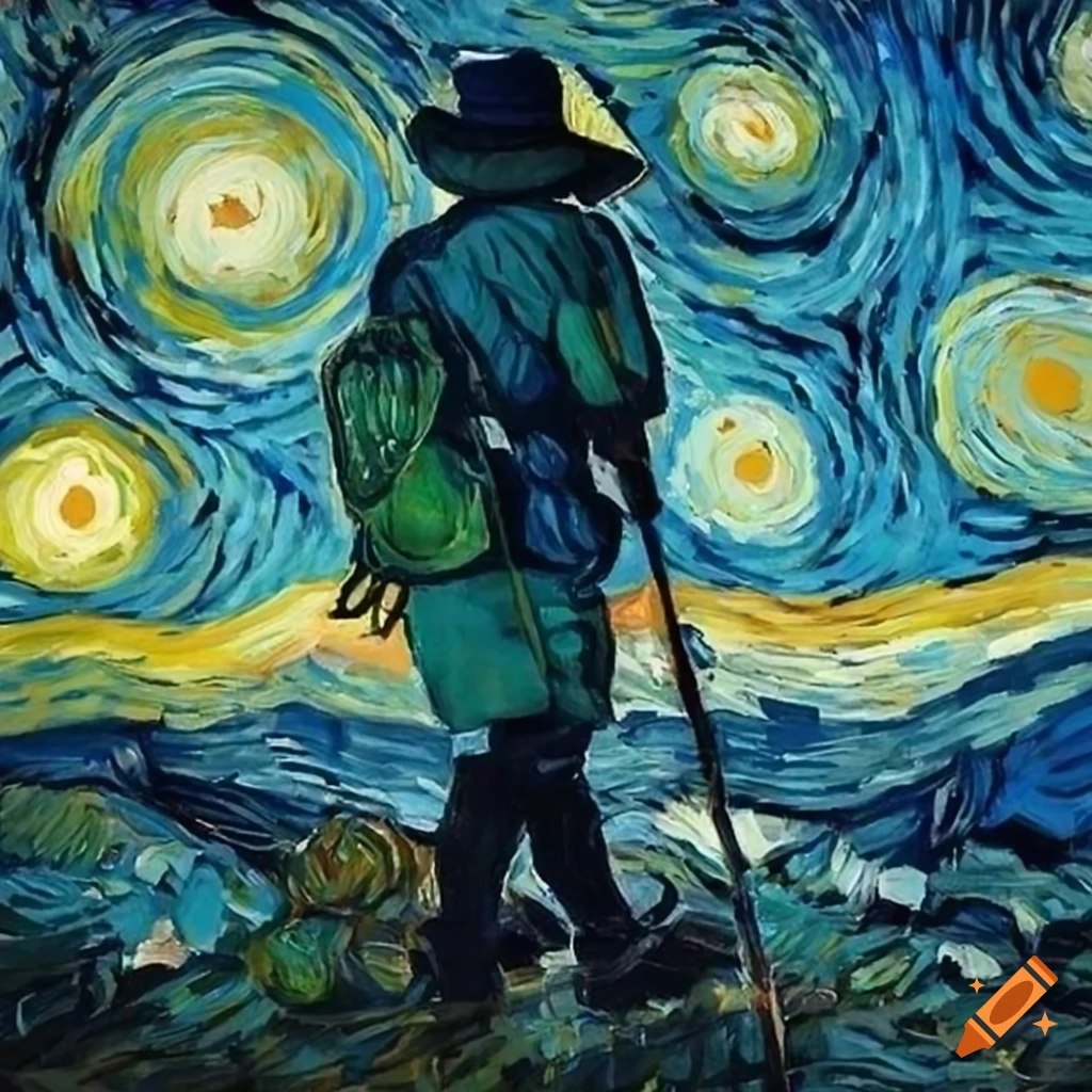 Van Gogh-style abstract painting of a hiker with a wide-brimmed hat and ...