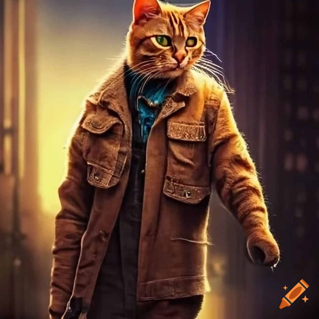 Blade runner ginger cat in a brown work shirt on Craiyon