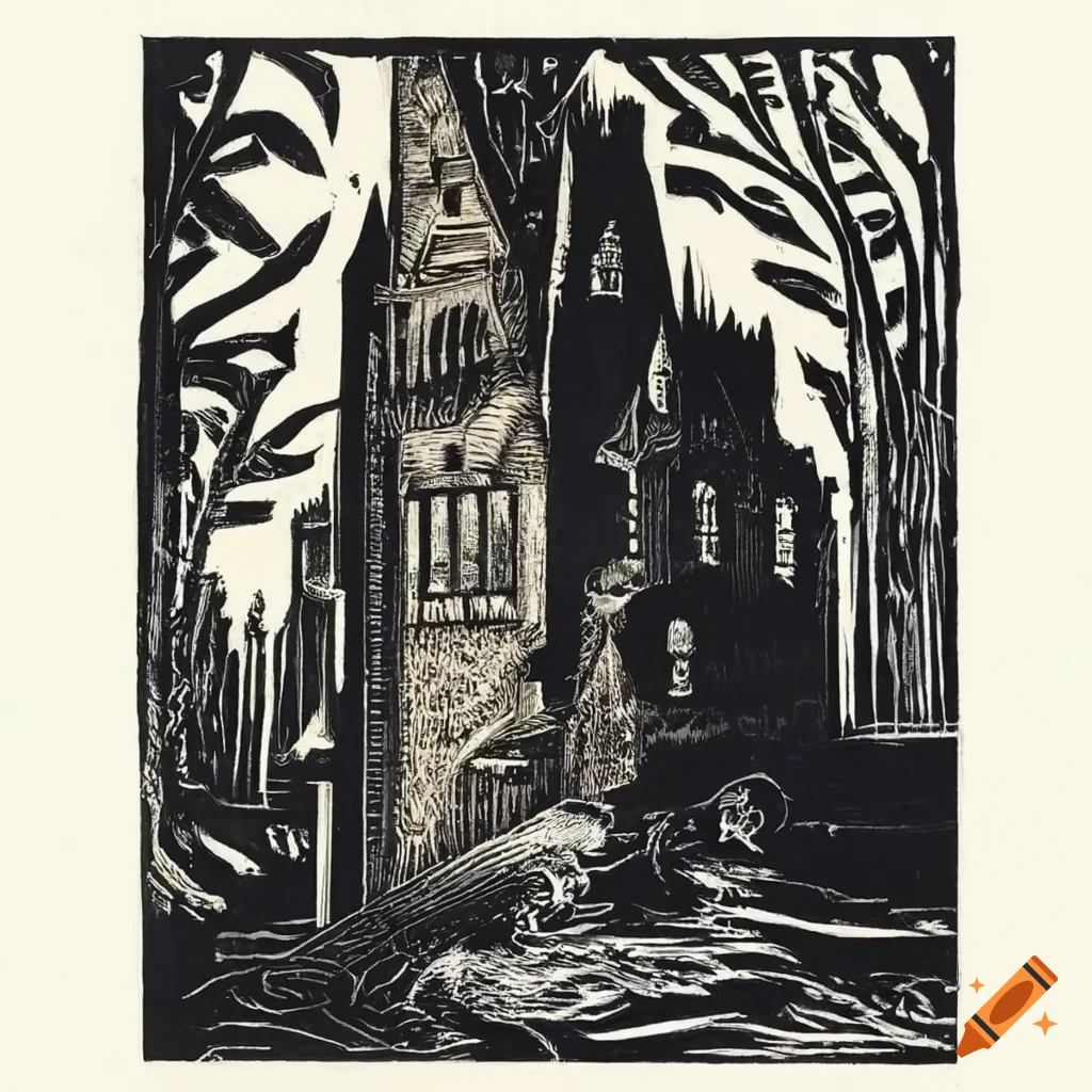 Detailed British folk horror scene linocut on Craiyon
