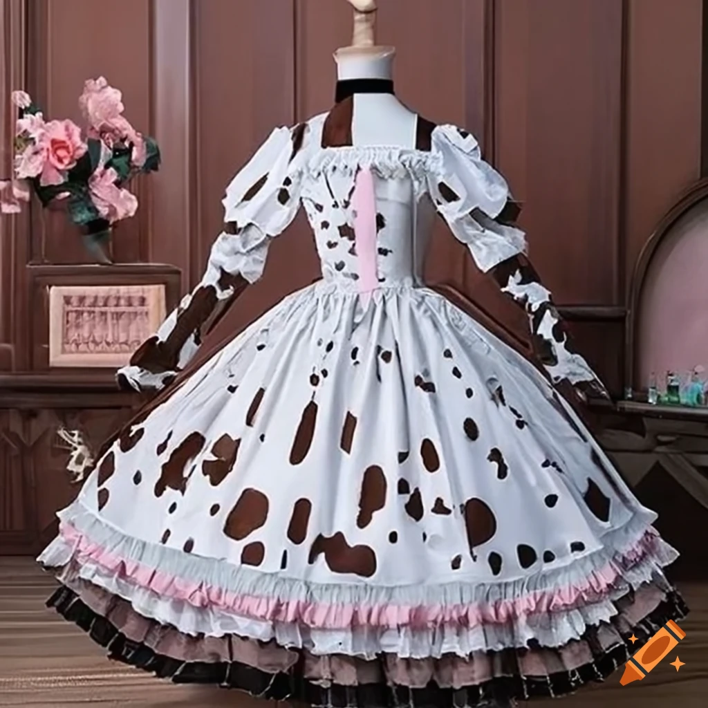 Cow print Lolita dress with frilly design in white, brown, and pink ...
