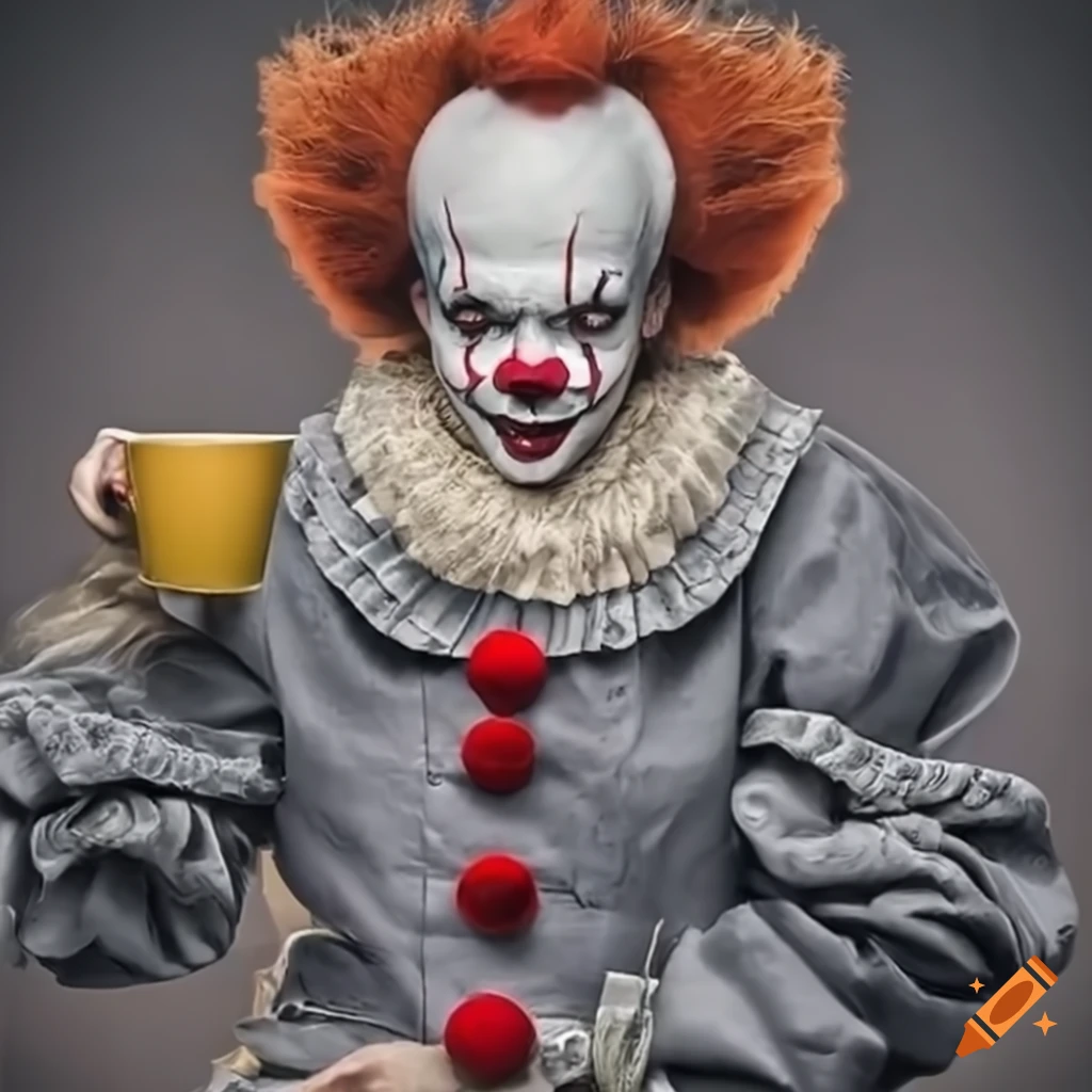 Pennywise the clown holding a cup of coffee in a high realism artwork ...