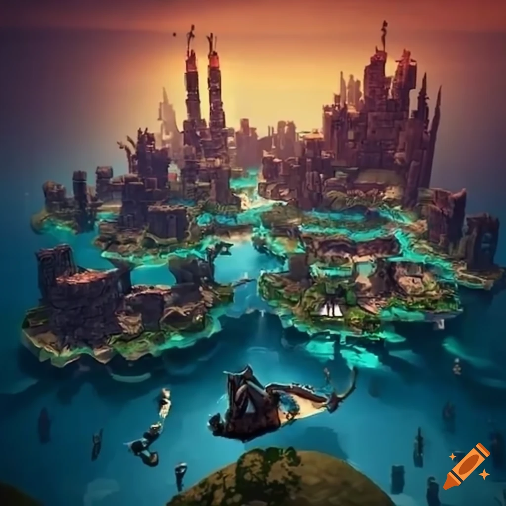 City on giant floating islands under attack by shadow creatures on Craiyon