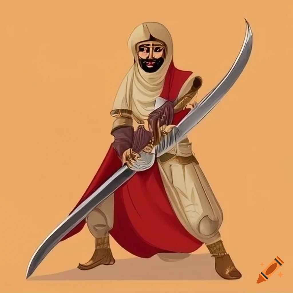 Cartoon artwork of an Arabian knight with a scimitar on Craiyon