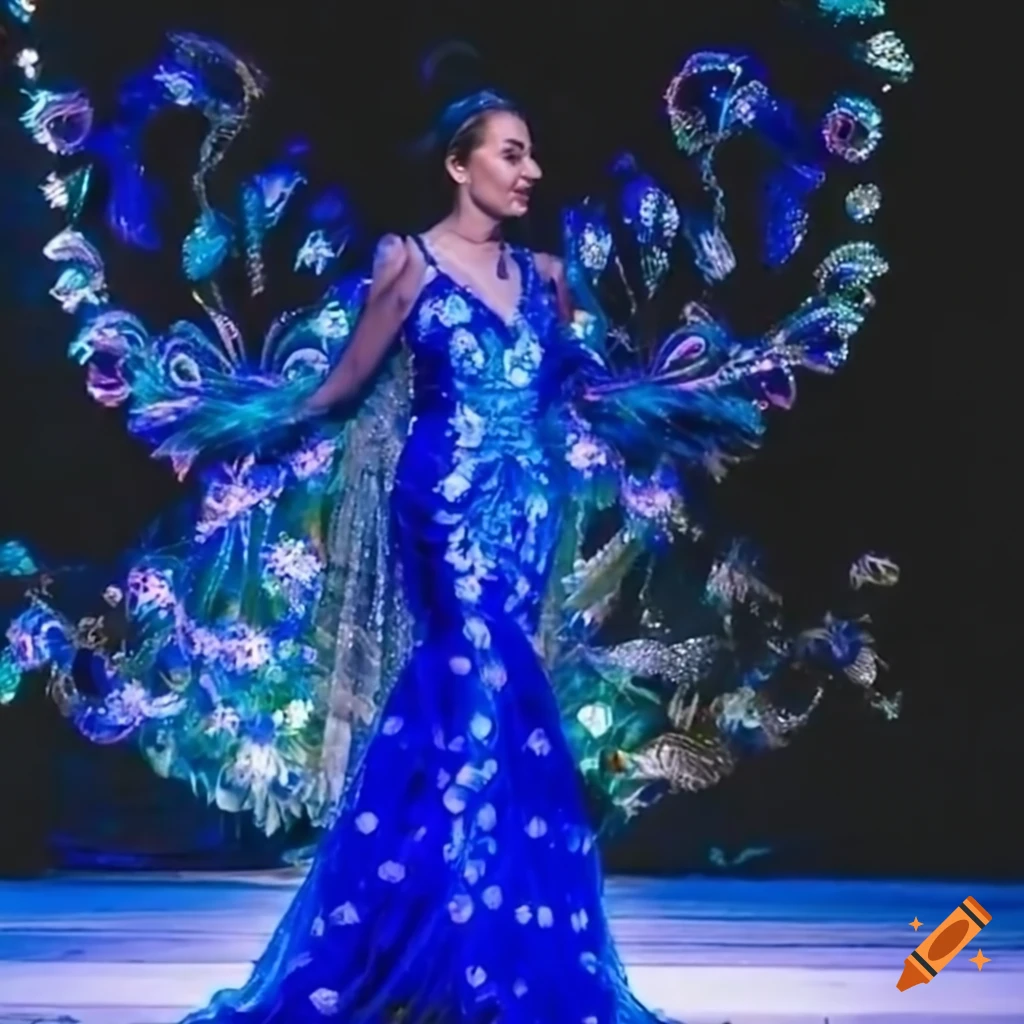 Beautiful Woman In Luminous Peacock Dress On Fashion Runway On Craiyon